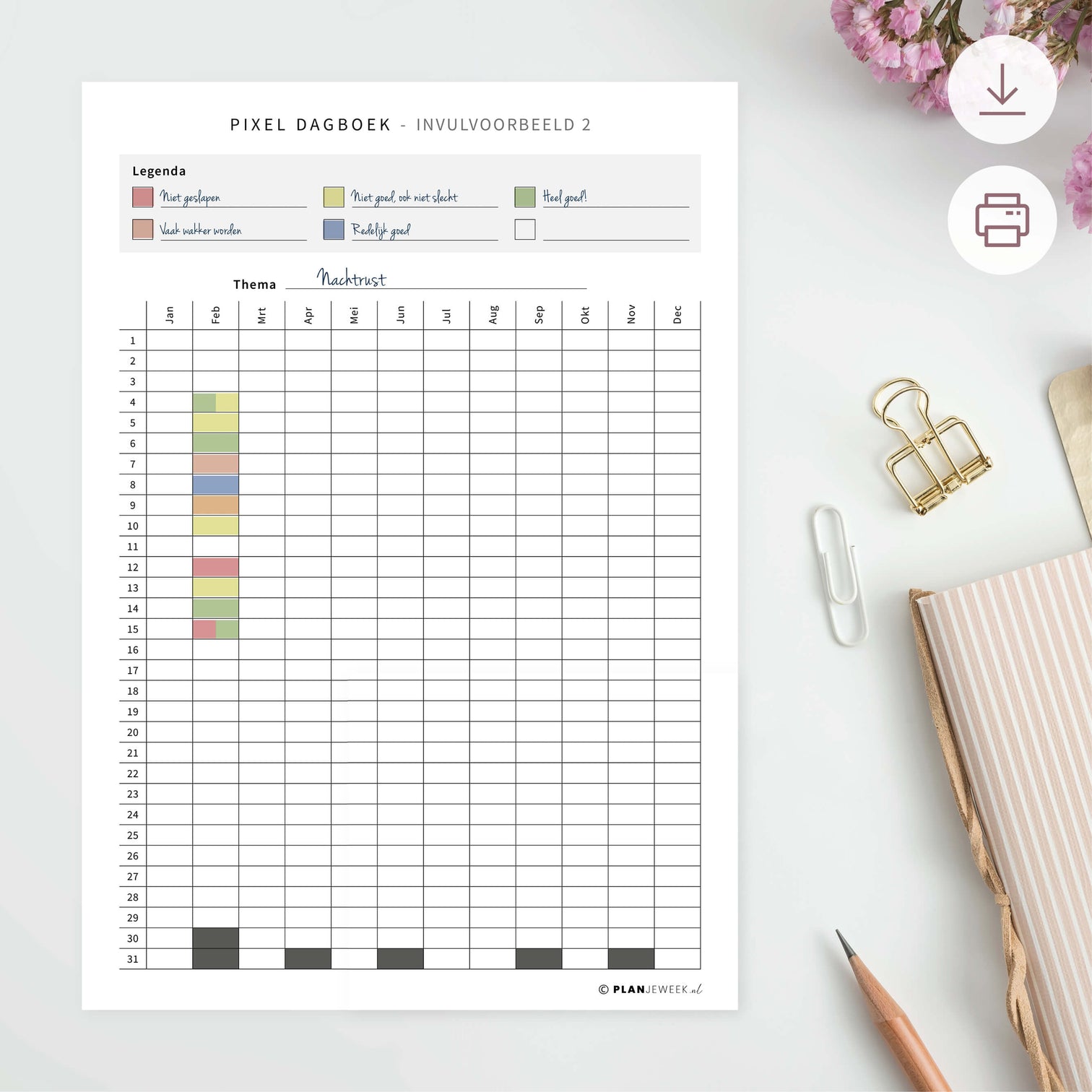 Printable - Pixel dagboek per jaar - Planjeweek.nl