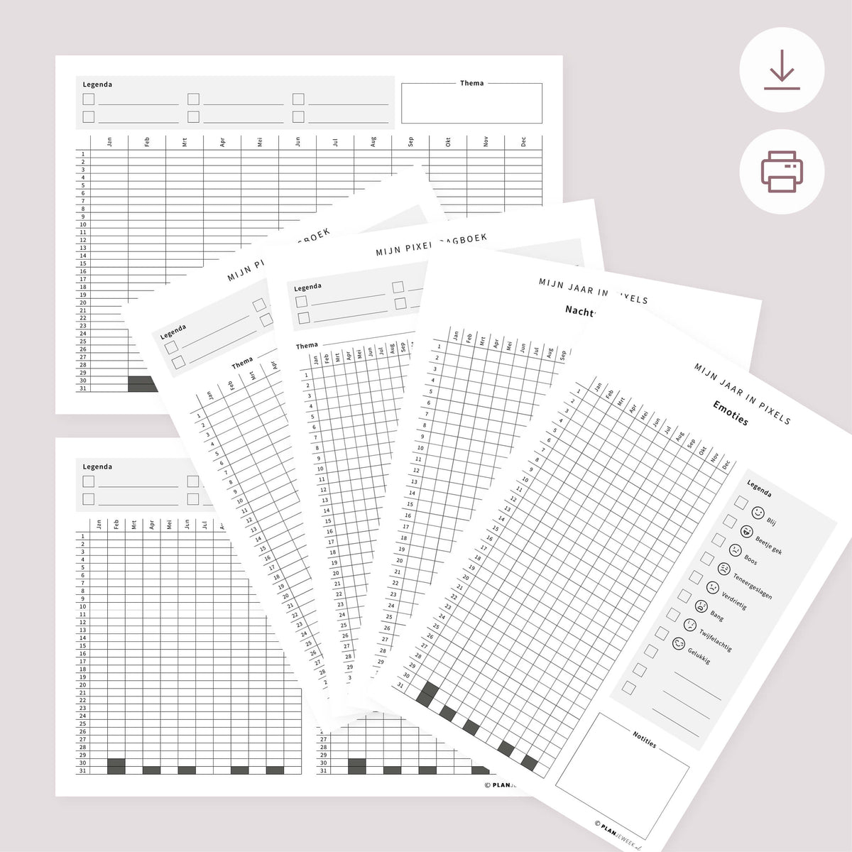 Printable - Pixel dagboek per jaar - Planjeweek.nl