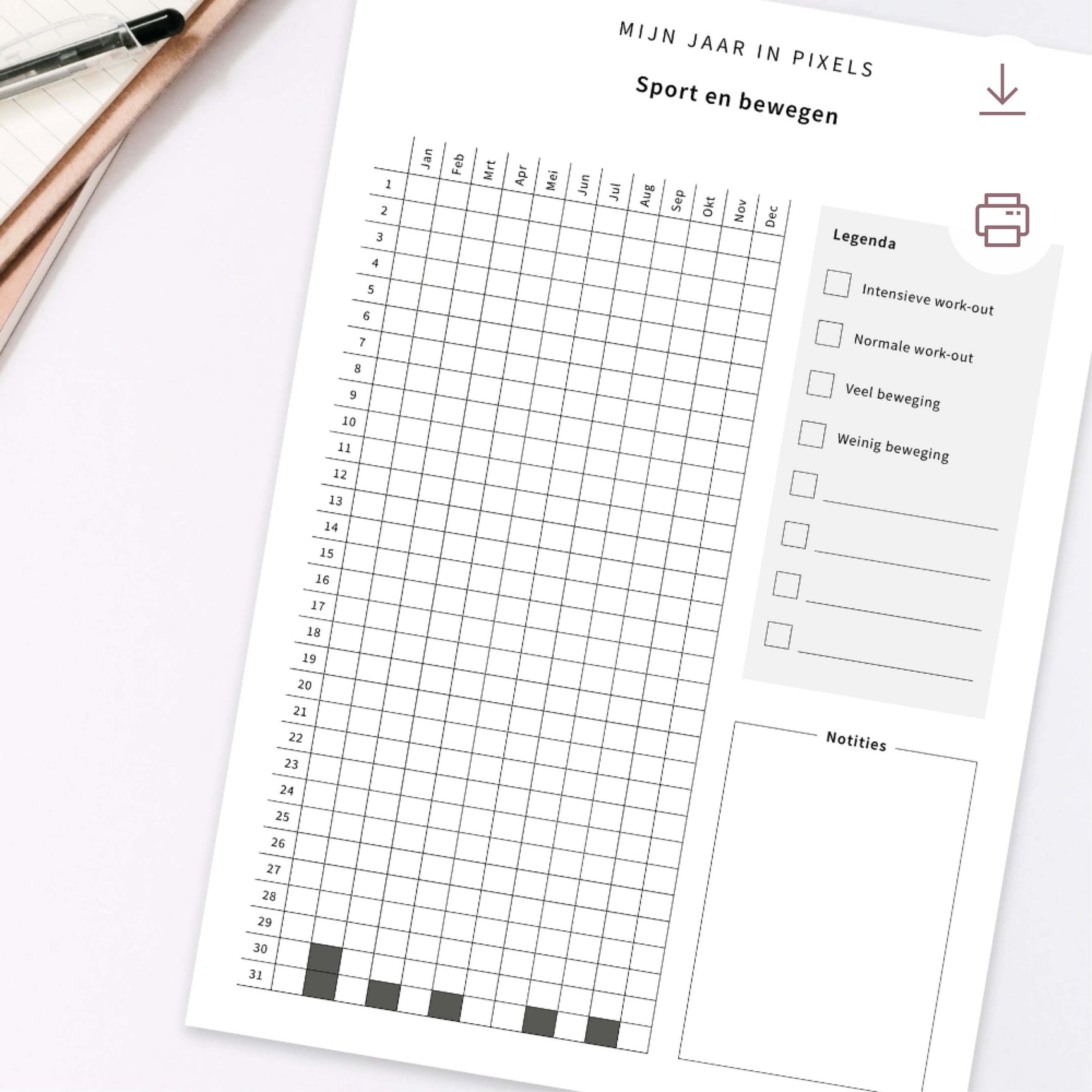 Printable - Pixel dagboek per jaar - Planjeweek.nl