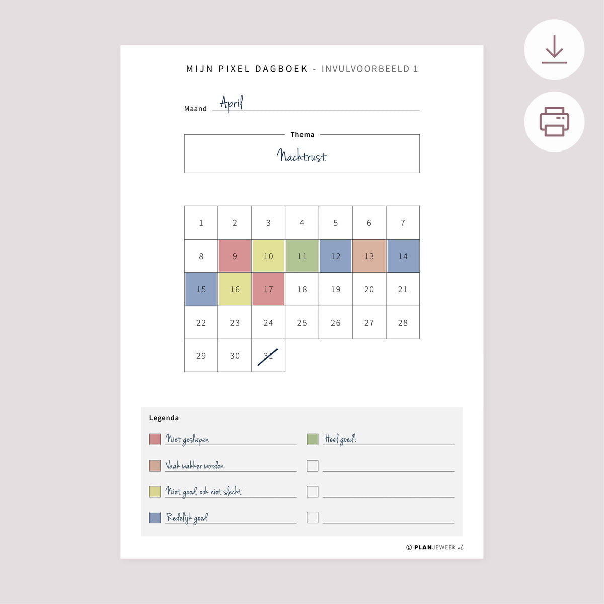 Printable - Pixel dagboek per maand - Planjeweek.nl