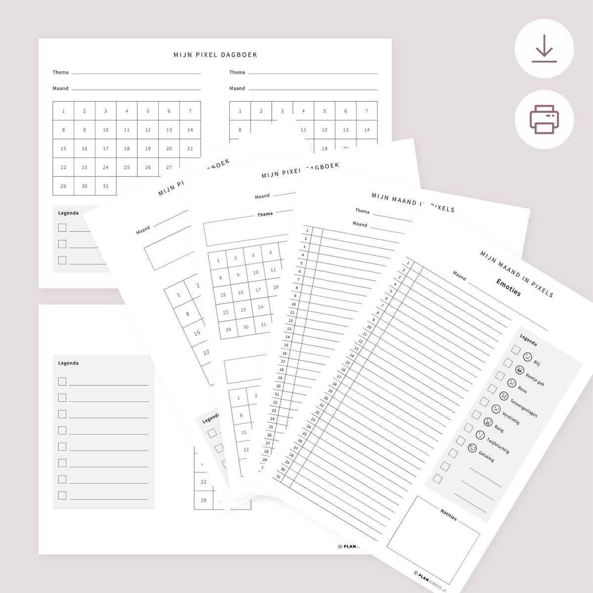 Printable - Pixel dagboek per maand - Planjeweek.nl