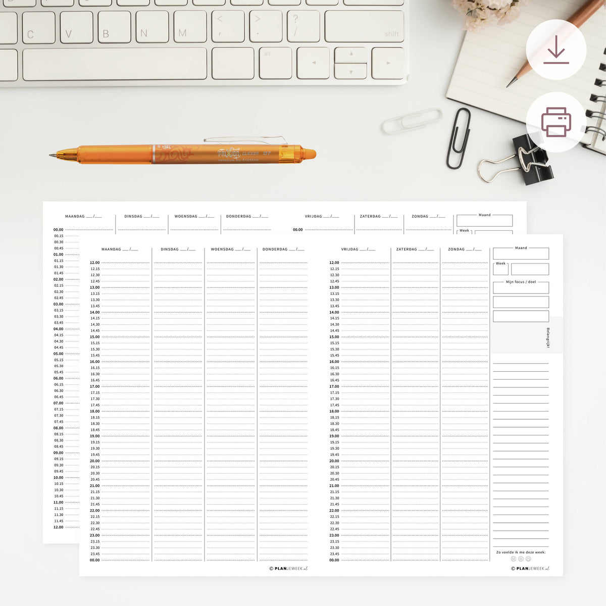Printable - Weekplanner 24 uur afdrukbare planner - Planjeweek.nl
