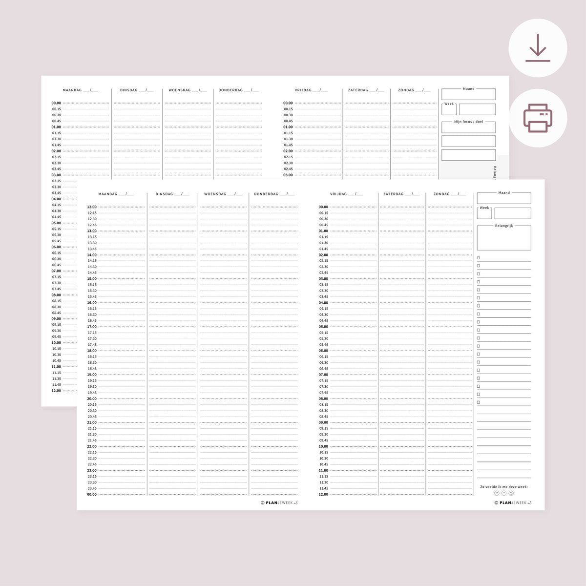Printable - Weekplanner 24 uur afdrukbare planner - Planjeweek.nl